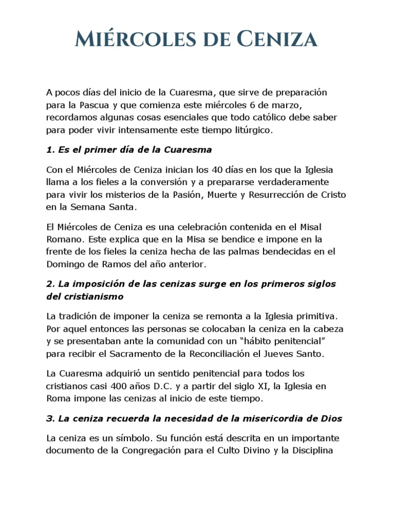 Miércoles de Ceniza: 1. Es El Primer Día de La Cuaresma | PDF | Prestado | Misa (liturgia)