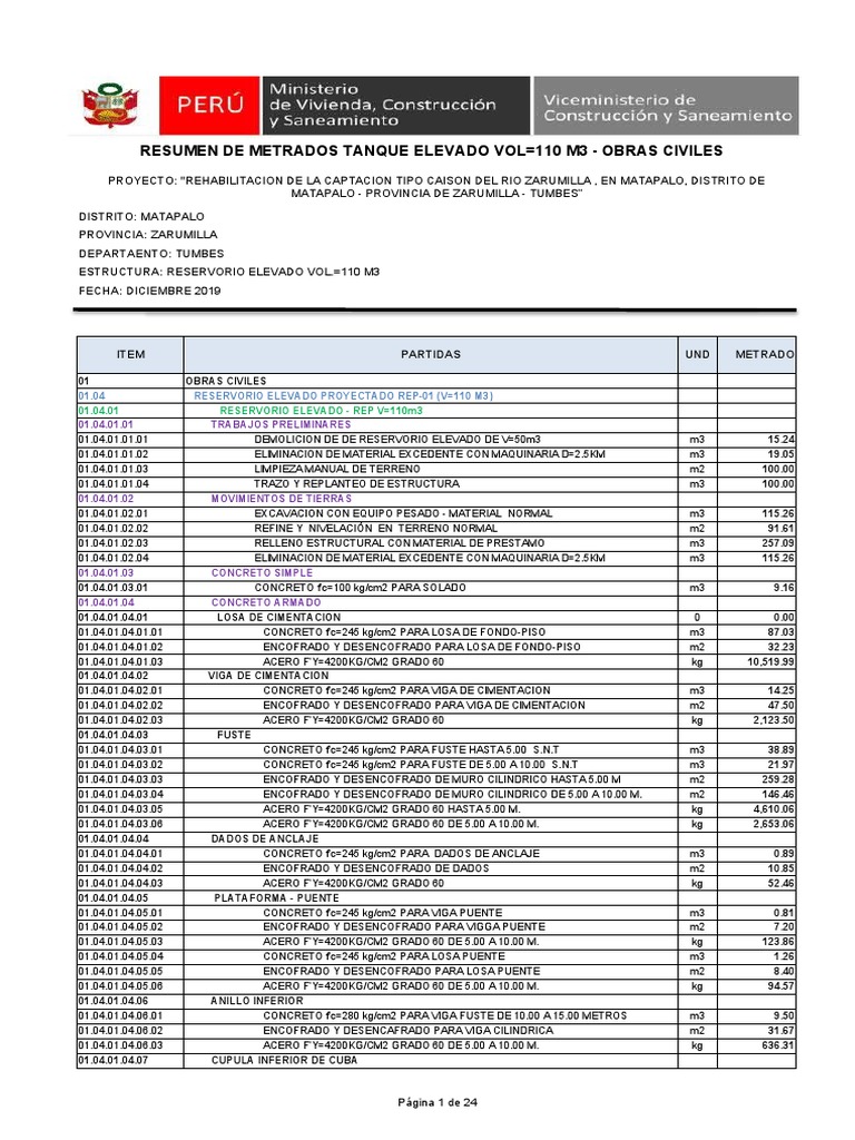 Resumen de Metrados Tanque Elevado Vol 110 M3 - Obras Civiles | PDF | Hormigón | Ingeniería de ...