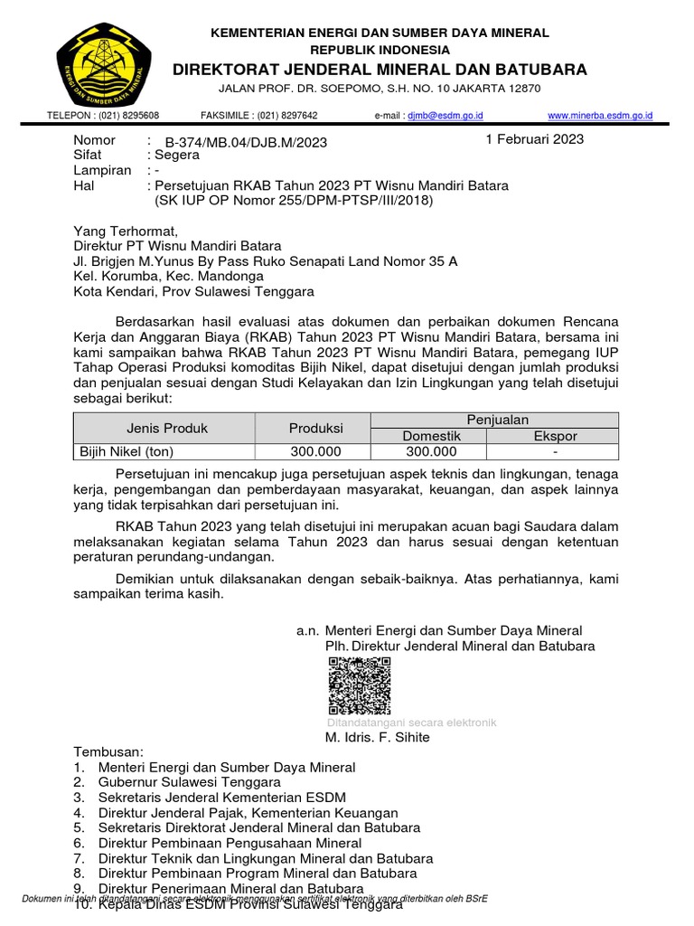 B-374 Persetujuan RKAB 2023 PT Wisnu Mandiri Batara | PDF