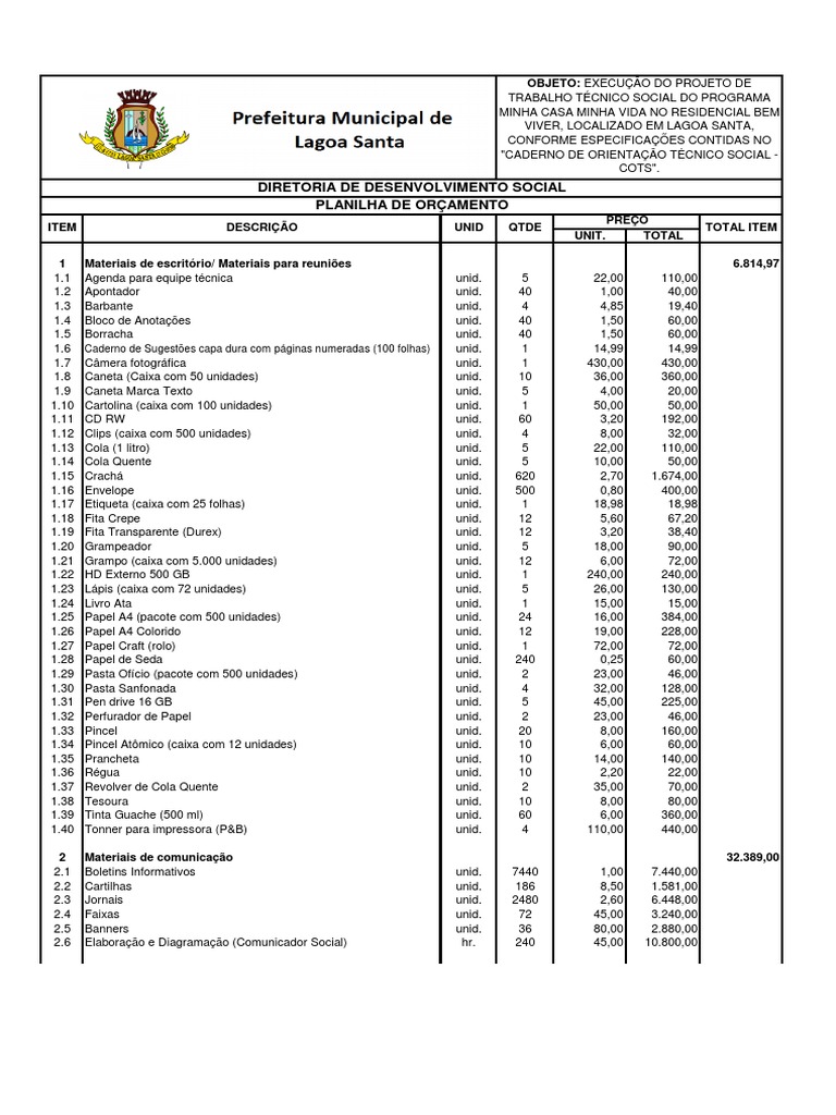 Orçamento de Materiais e Serviços 2023 | PDF