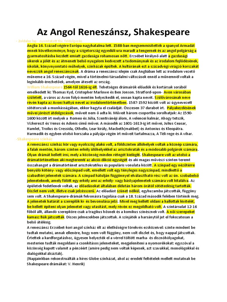 Angol Reneszánsz Shakespeare | PDF