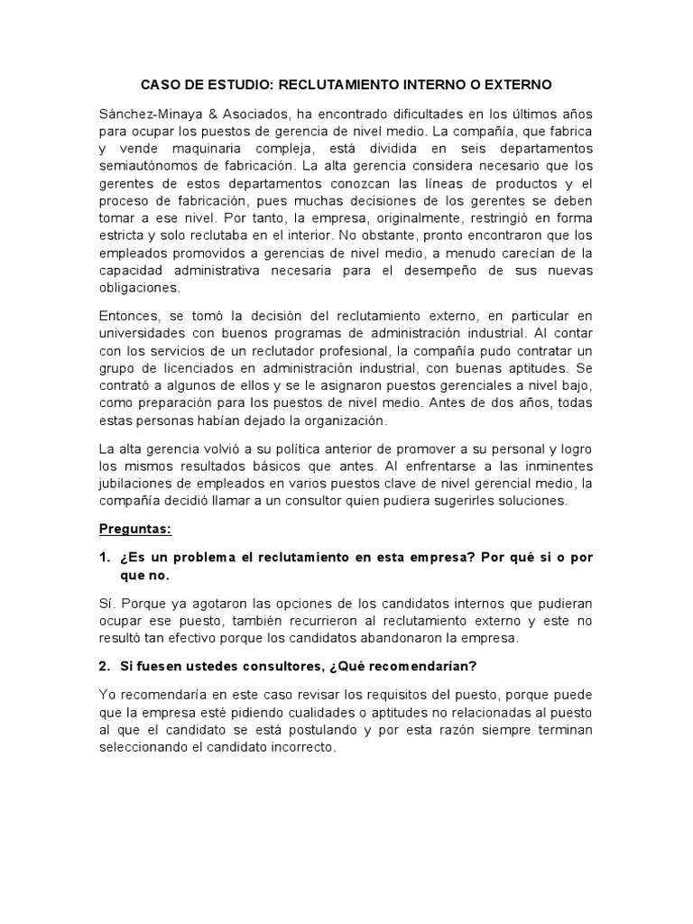 Caso de Estudio Reclutamiento Interno o Externo | PDF