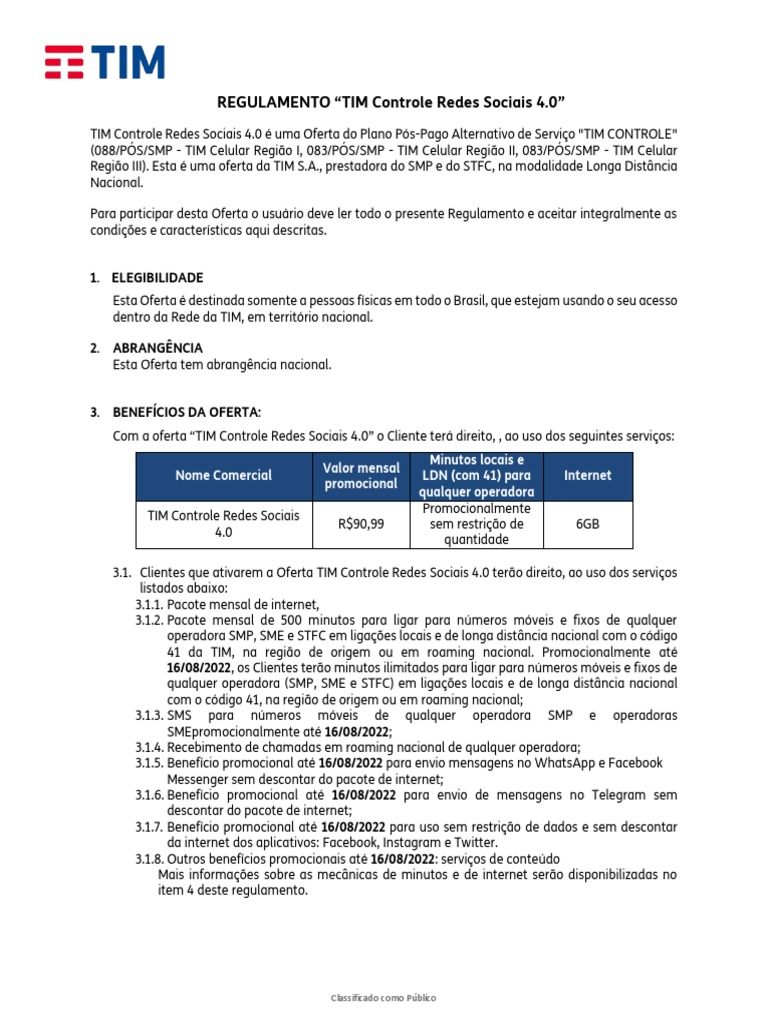 Regulamento TIM Controle Redes Sociais 4.0 | PDF | Internet ...