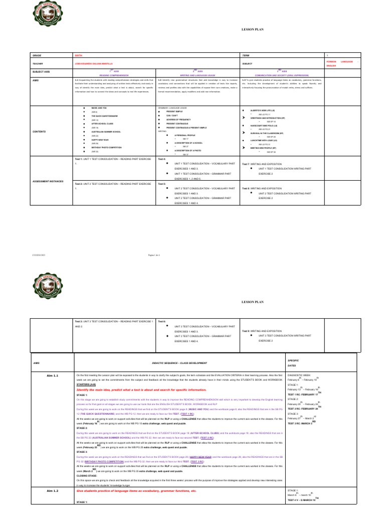 Formato Lesson Plan 2023 6° | PDF | Reading Comprehension | Lesson Plan