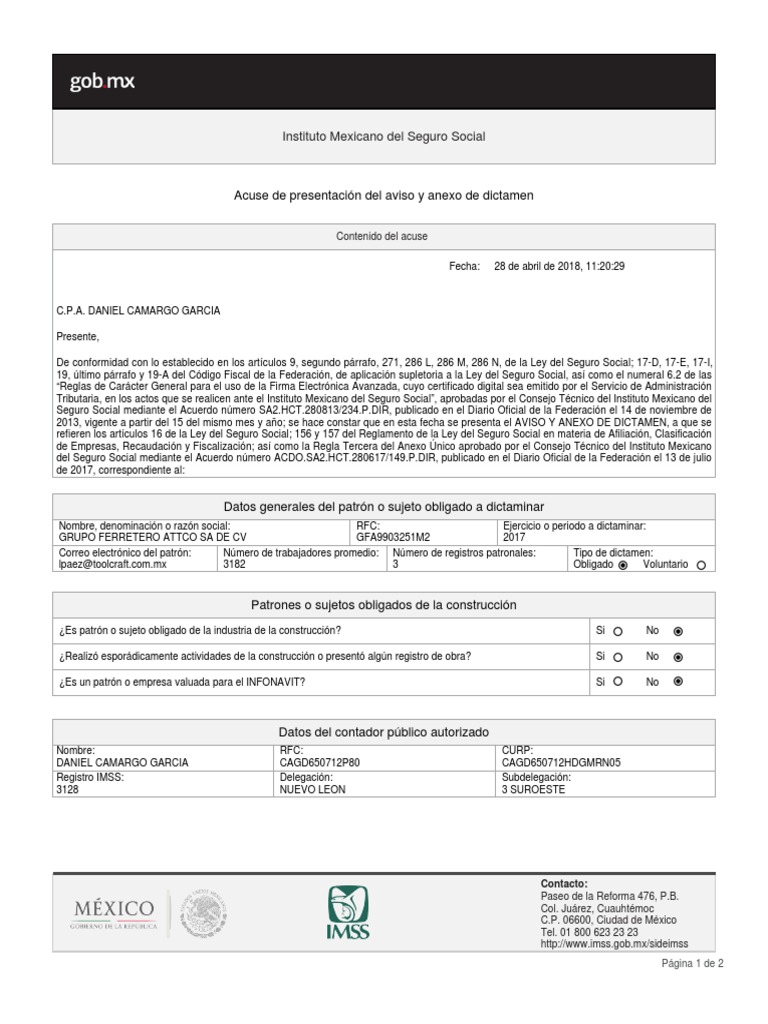 Acuse de Presentación Del Aviso y Anexo de Dictamen: Instituto Mexicano ...