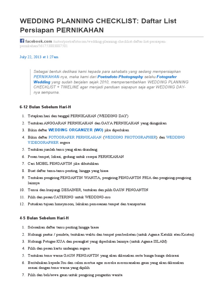 Wedding Planning Checklist: Daftar List Persiapan PERNIKAHAN | PDF