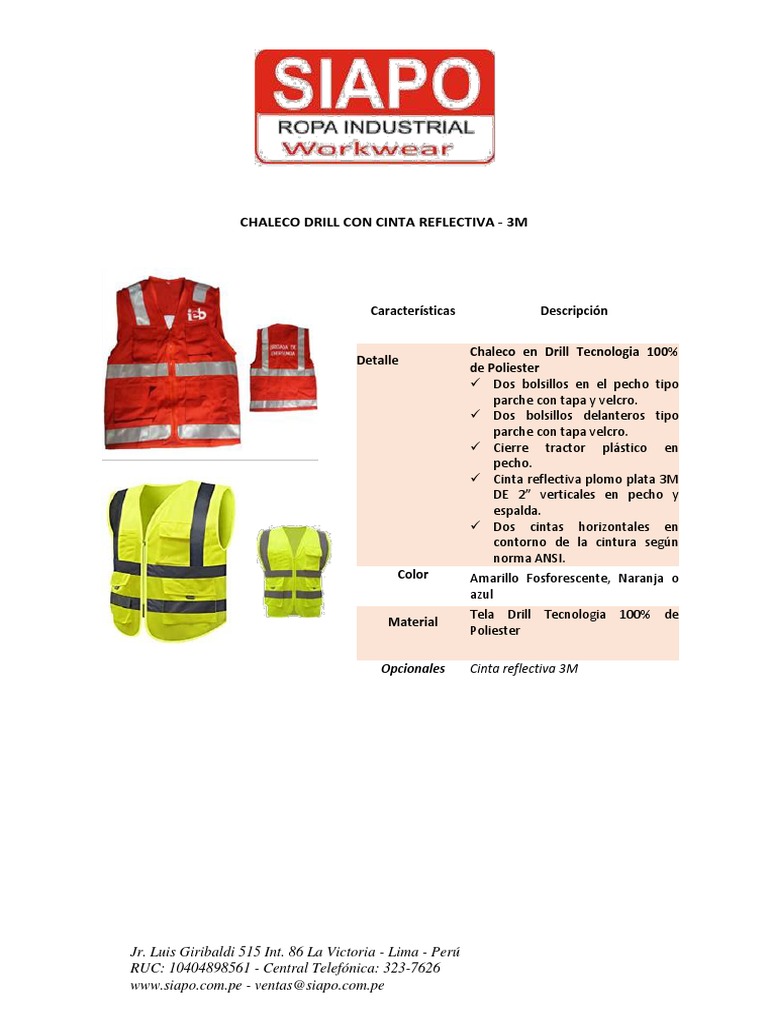 Chaleco Drill Con Cinta Reflectiva - 3M: Características Descripción | PDF