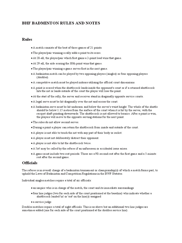 BHF Badminton Rules and Notes | PDF | Sports Rules And Regulations ...