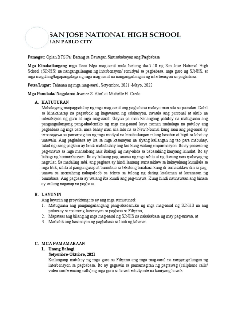 Oplan-BTS-Pa Pagbasa Remidyal Program Filipino | PDF