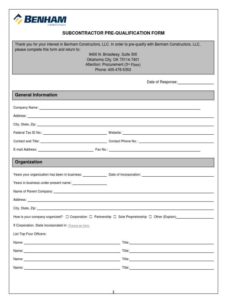 Subcontractor Prequalification Form | PDF