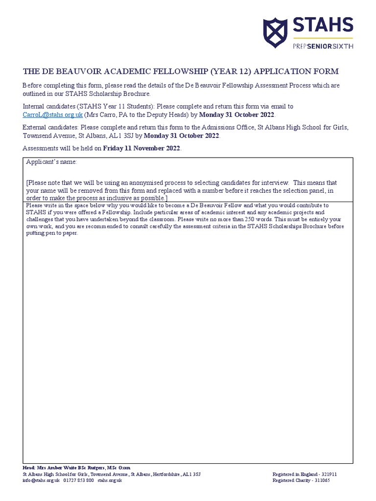 The de Beauvoir Academic Fellowship Year 12 Application Form 2 | PDF