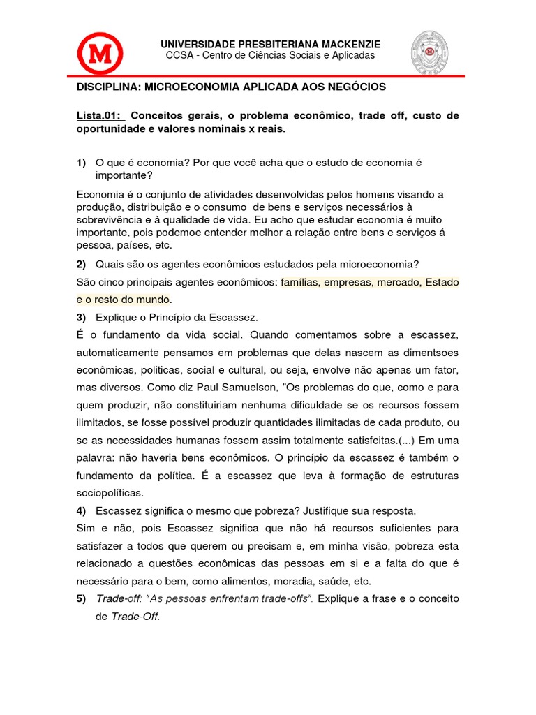 Micro Lista Ex 01 | PDF | Economia | Microeconomia