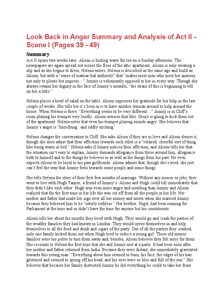 Look Back in Anger Summary and Analysis of Act II 2 | PDF | Mystery ...