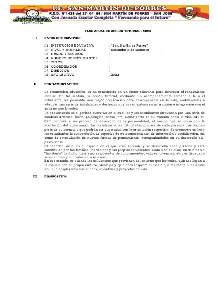 Plan Anual de Tutoria 2023 - Aula | PDF | Sicología | Aprendizaje Plan Anual de Tutoria 2023 - Aula | PDF | Sicología | Aprendizaje