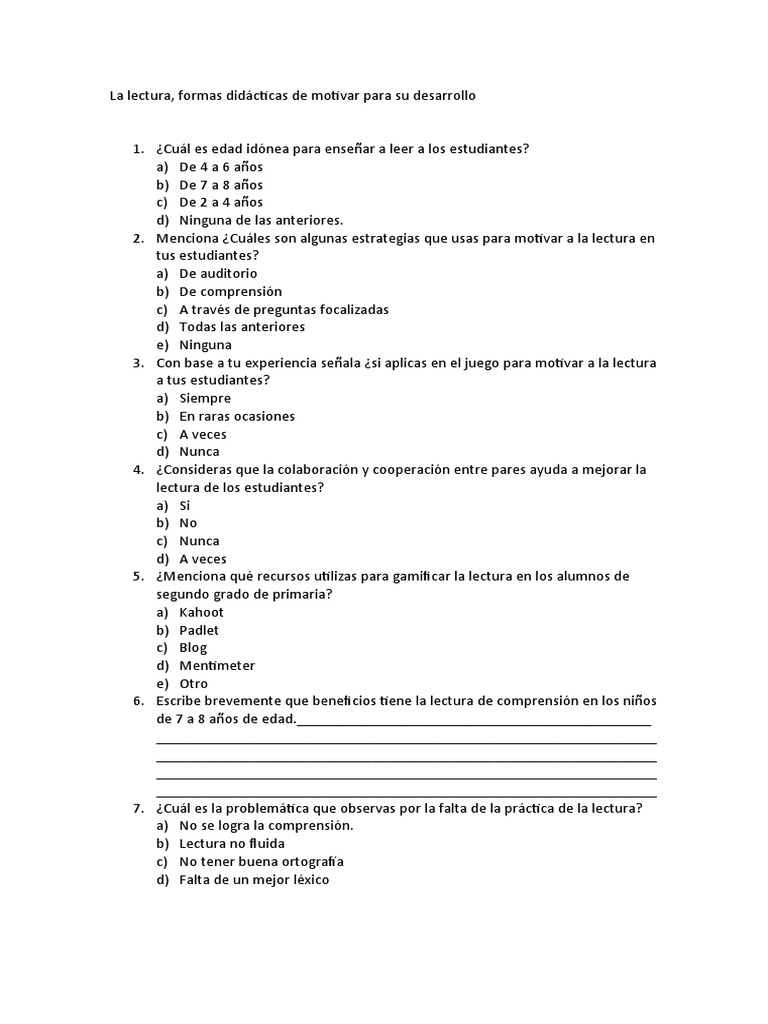 Cuestionario Sobre La Lectura | PDF