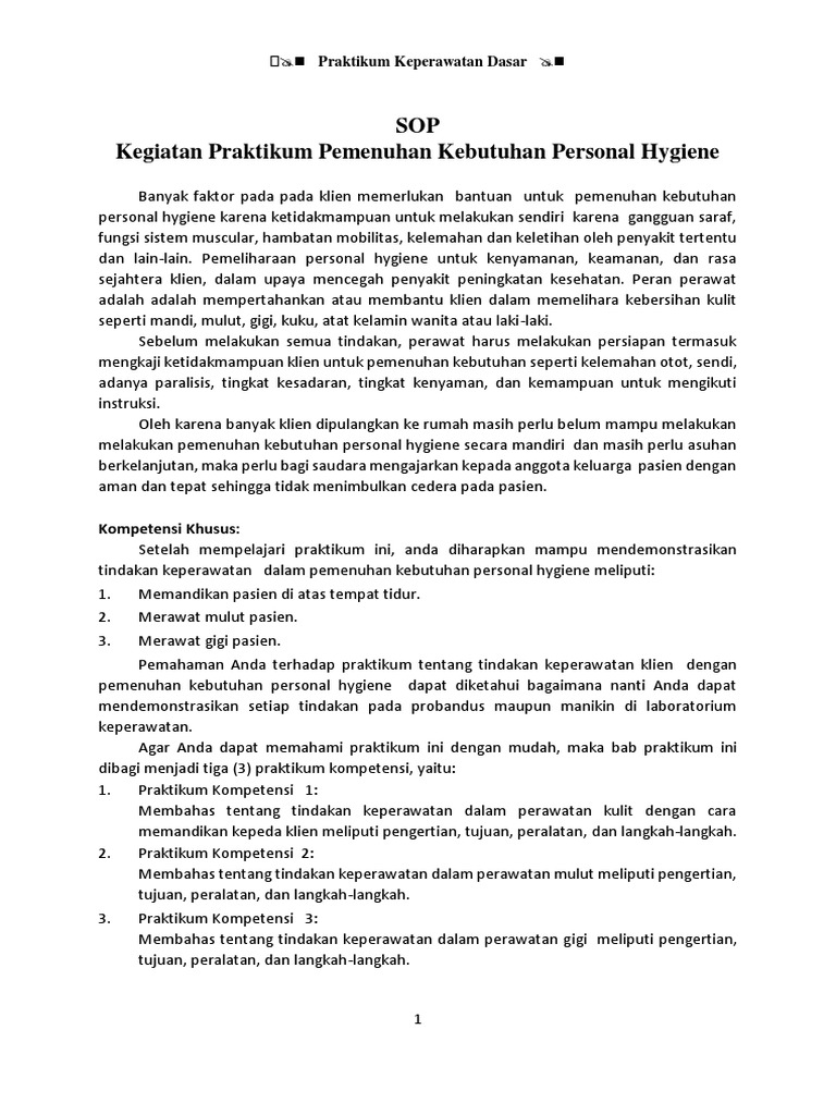 Sop Tool Praktikum Personal Hygiene Dan Ritual Tidur | PDF