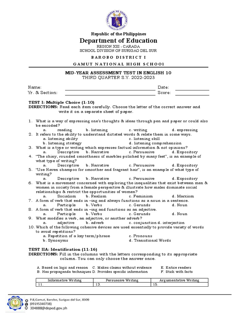 MID-YEAR Assessment Template | PDF | Verb | Adjective