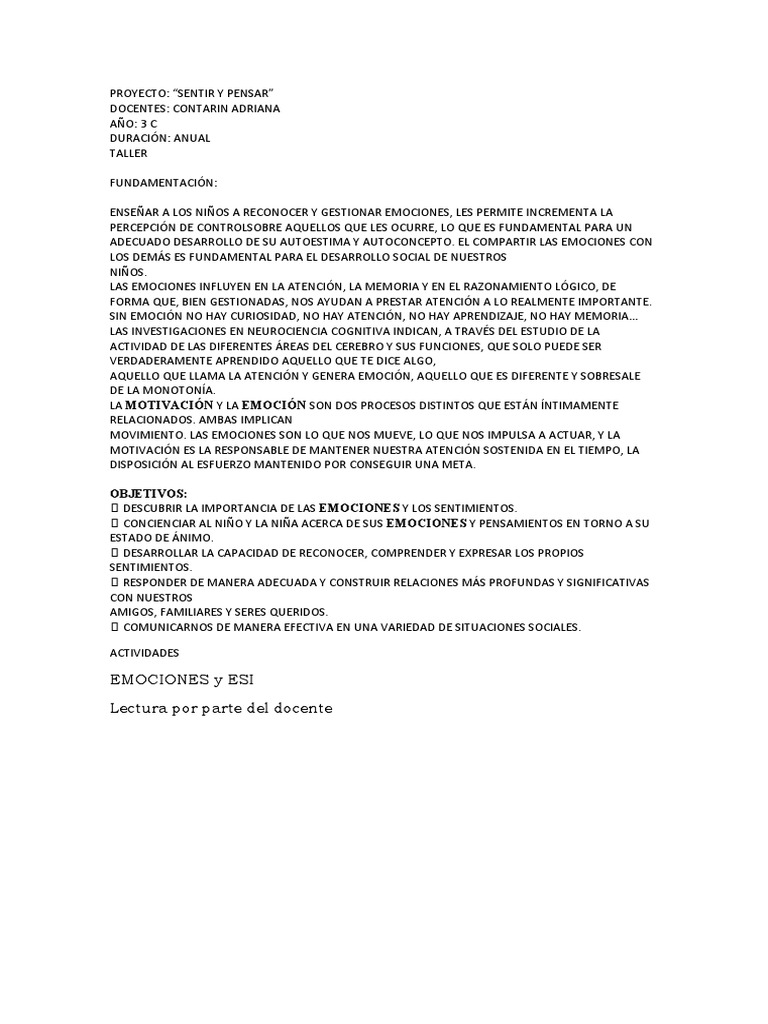 Proyecto De Emociones Pdf Las Emociones Creatividad