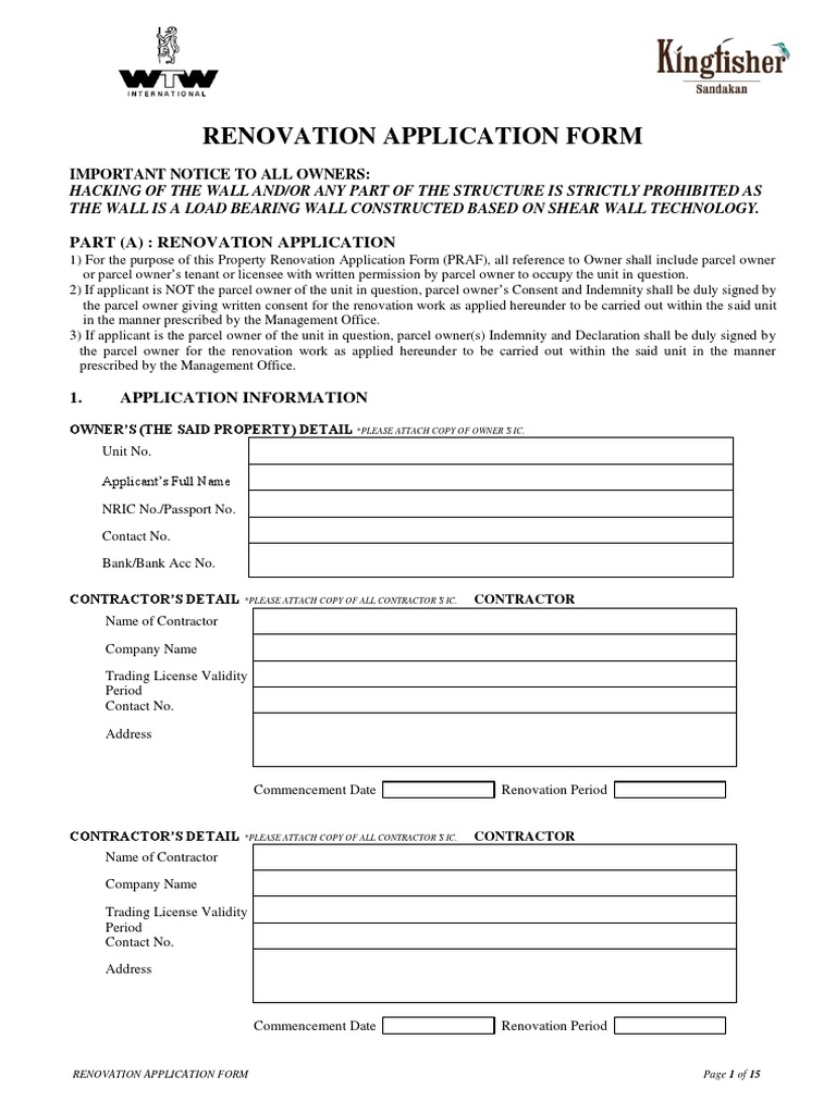 Renovation Application Form (1) | PDF | Insurance | Indemnity