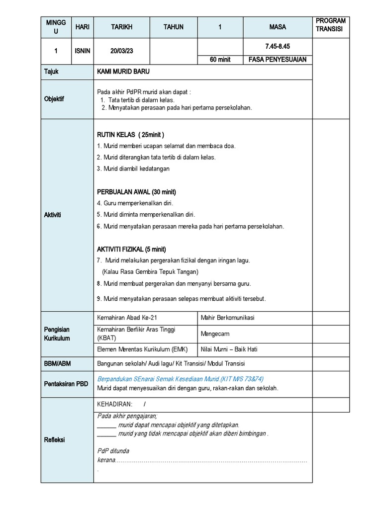 RPH Hari Pertama Transisi 2023 | PDF