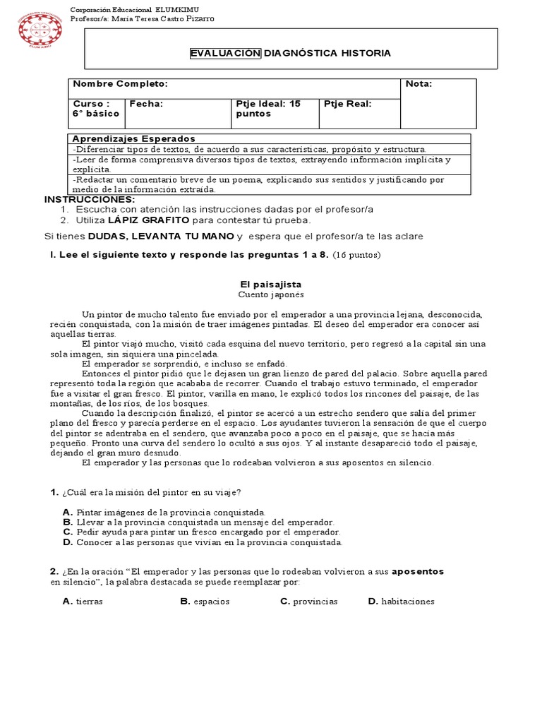 PRUEBA DE DIAGNOSTICO LENGUAJE 6º 2023 | PDF | La risa | Nintendo