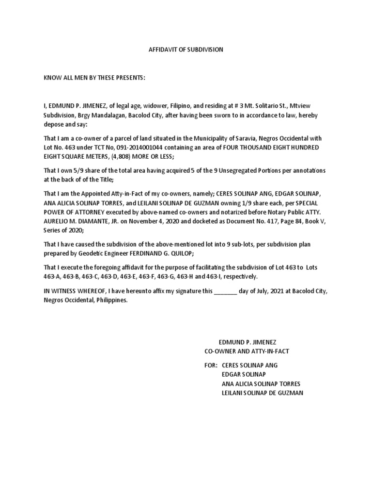 Affidavit of Subdivision for Lot 463 | PDF