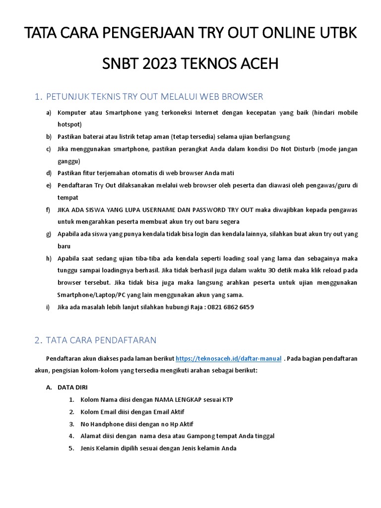 Tata Cara Pengerjaan Try Out Online Teknos Aceh | PDF