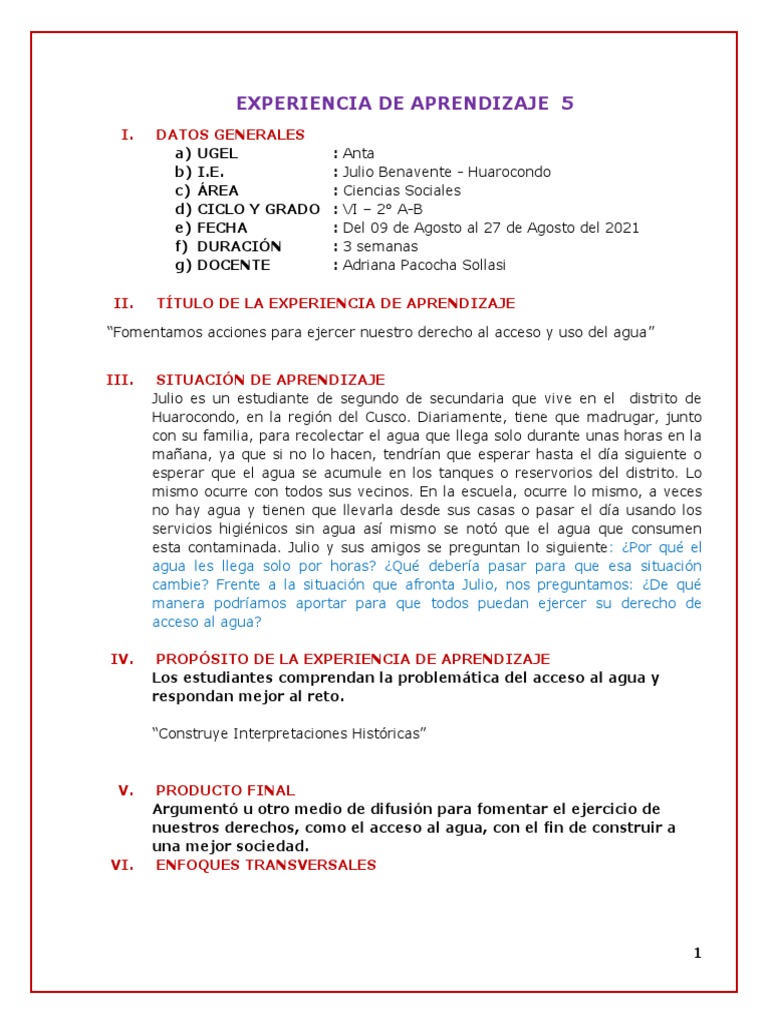 2° EXPERIENCIA DE APRENDIZAJE 5 | PDF | Agua | Evaluación