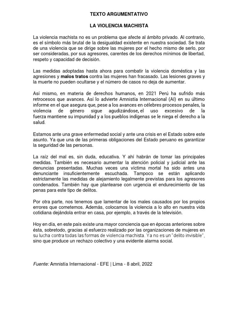 Texto Argumentativo La Violencia Machista: Fuente: Amnistía Internacional - EFE - Lima - 8 Abril ...