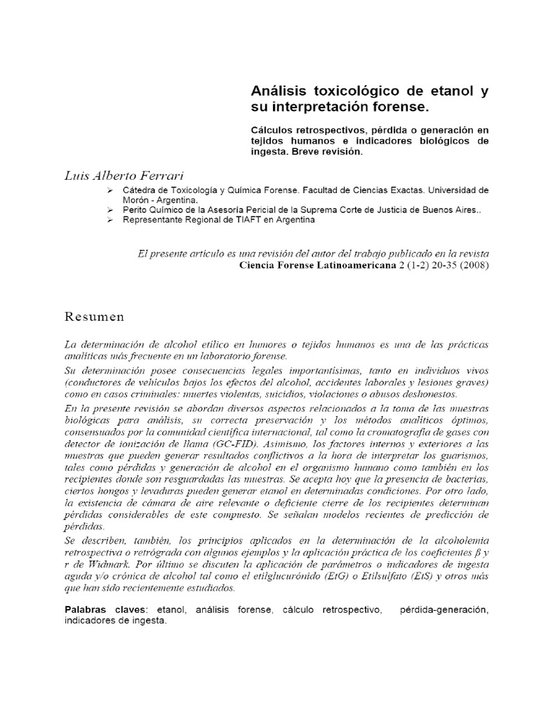 Análisis Toxicológico de Etanol y Su Interpretación Forense. Luis ...