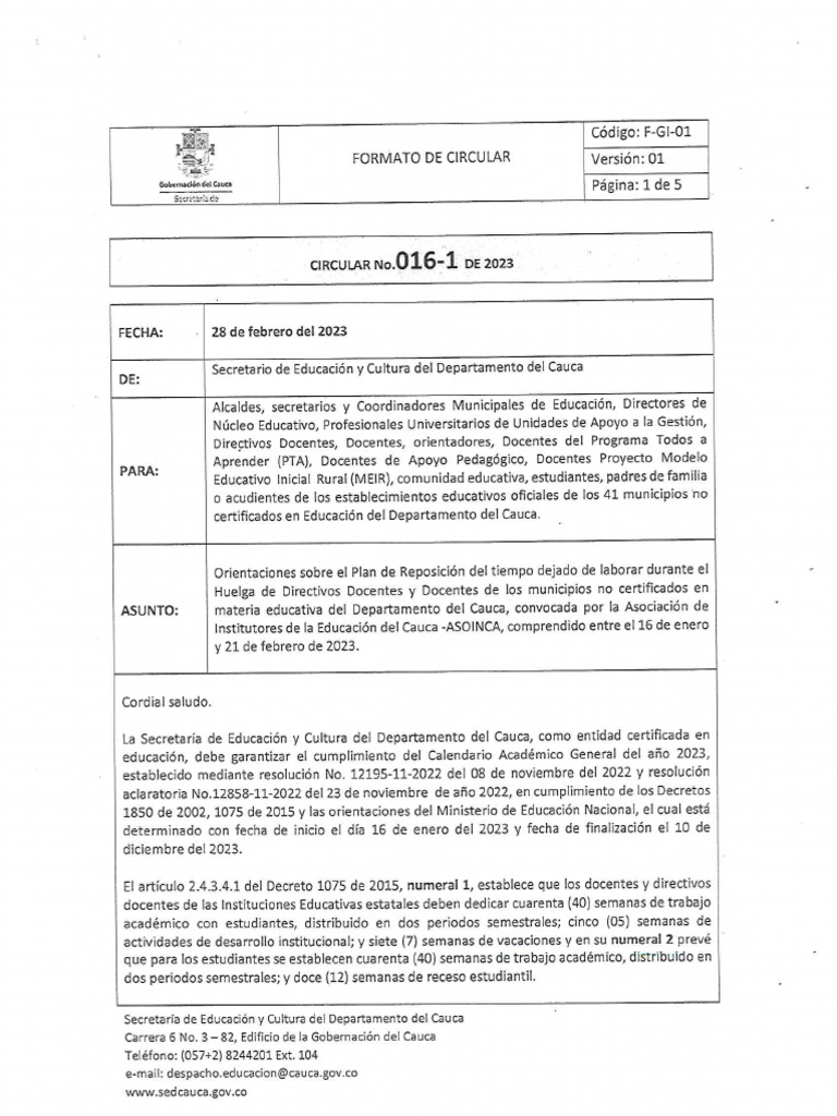 Circular 016-1 Plan de Reposicion | PDF