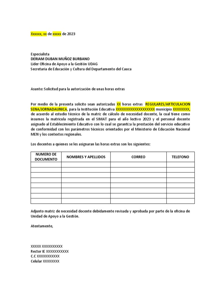 Plantilla Solicitud de Horas Extras | PDF