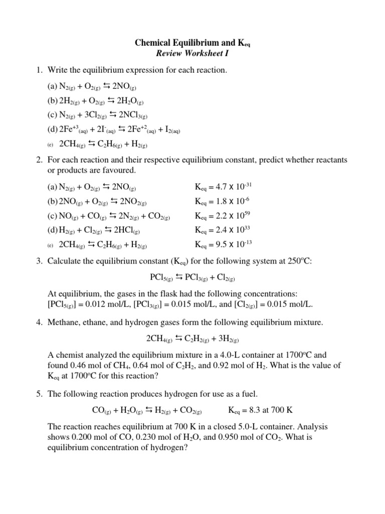 Chemical Equilibrium Worksheet 2