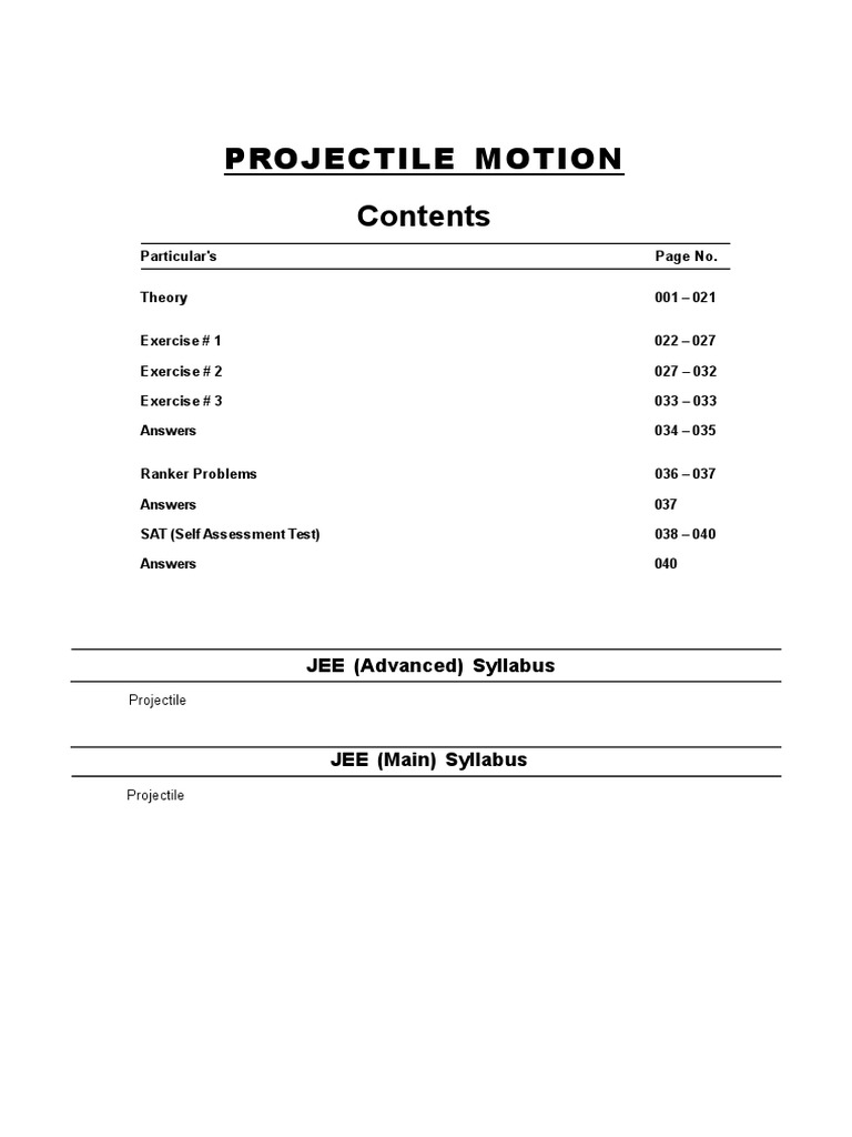Projectile Motion: Particular's Page No | PDF | Force | Projectiles