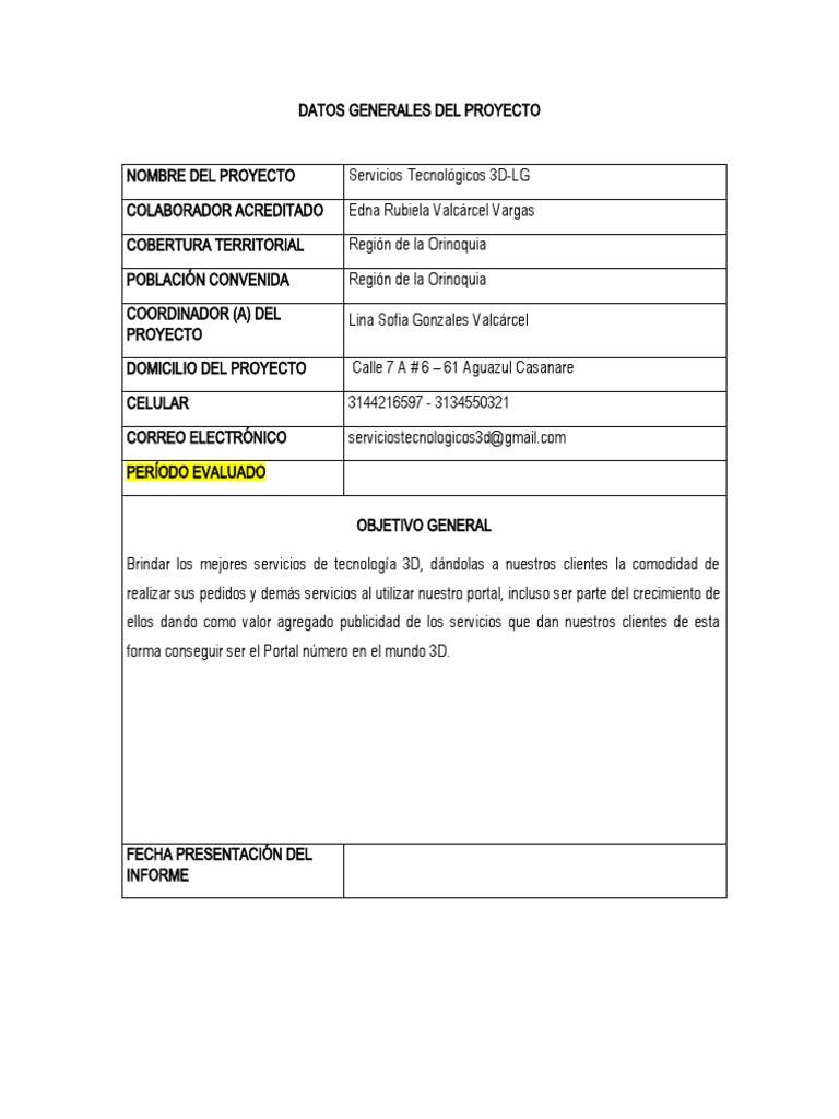 Datos Generales Del Proyecto | PDF | Análisis FODA | Impresión 3d