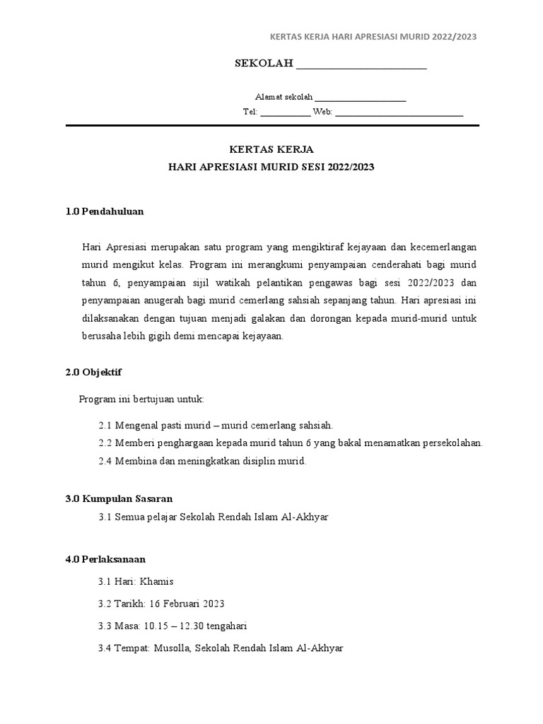 Kertas Kerja Program Hari Apresiasi Sesi 20222023 | PDF
