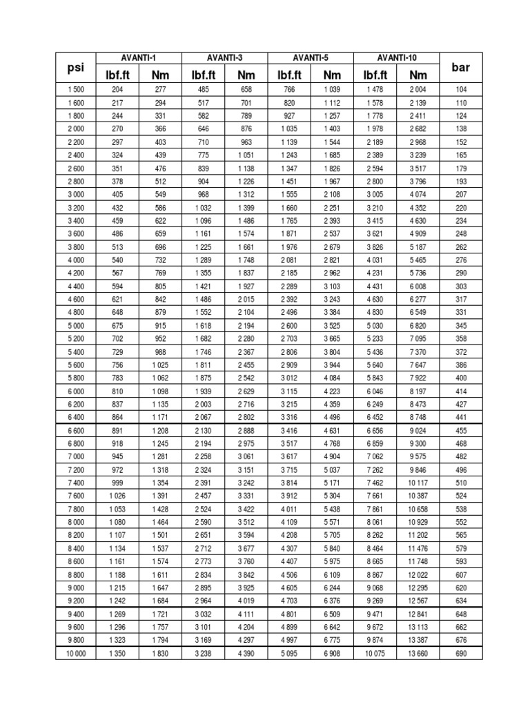Tabla de Torque Hytorc Avanti | PDF