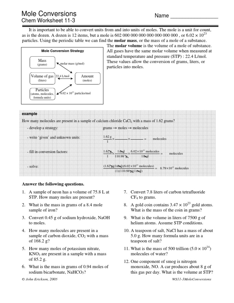 Mole Conversions: Name - Chem Worksheet 11-3 | PDF