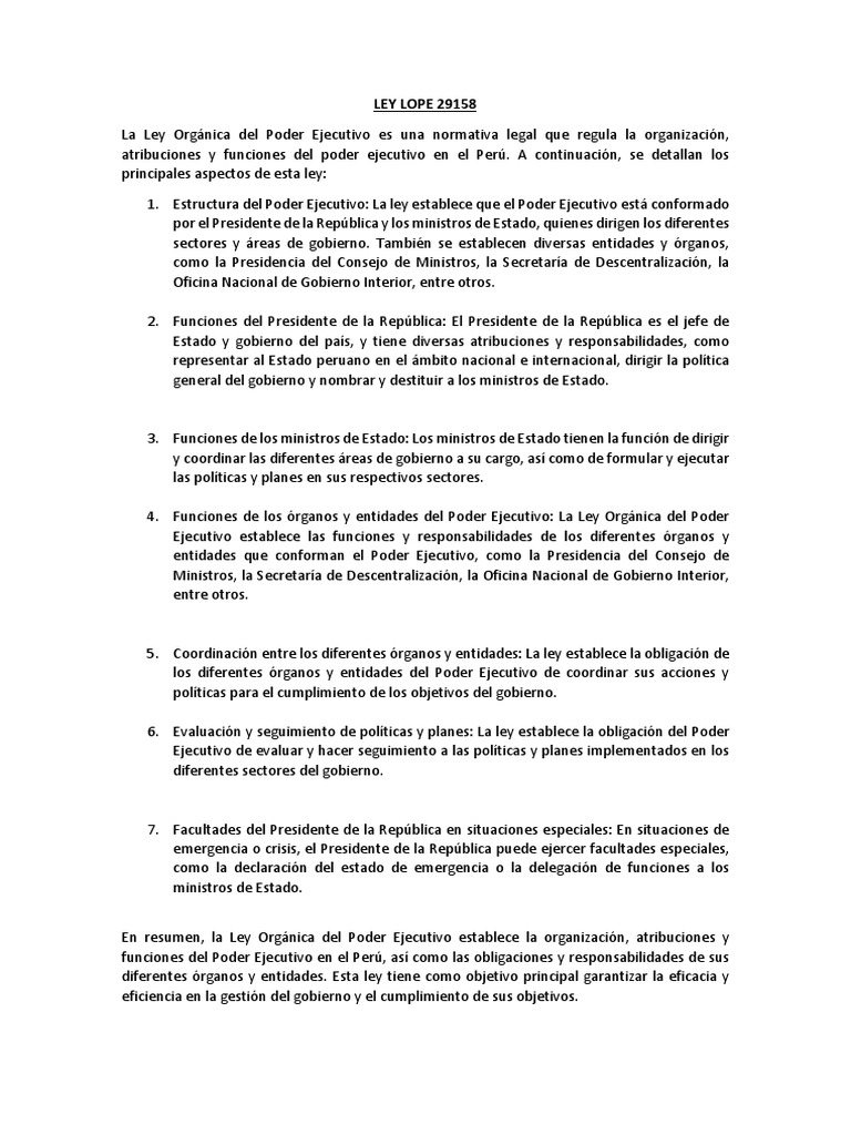 Ley Lope 29158 Resumen | PDF | Ejecutivo (gobierno) | Ministerio ...