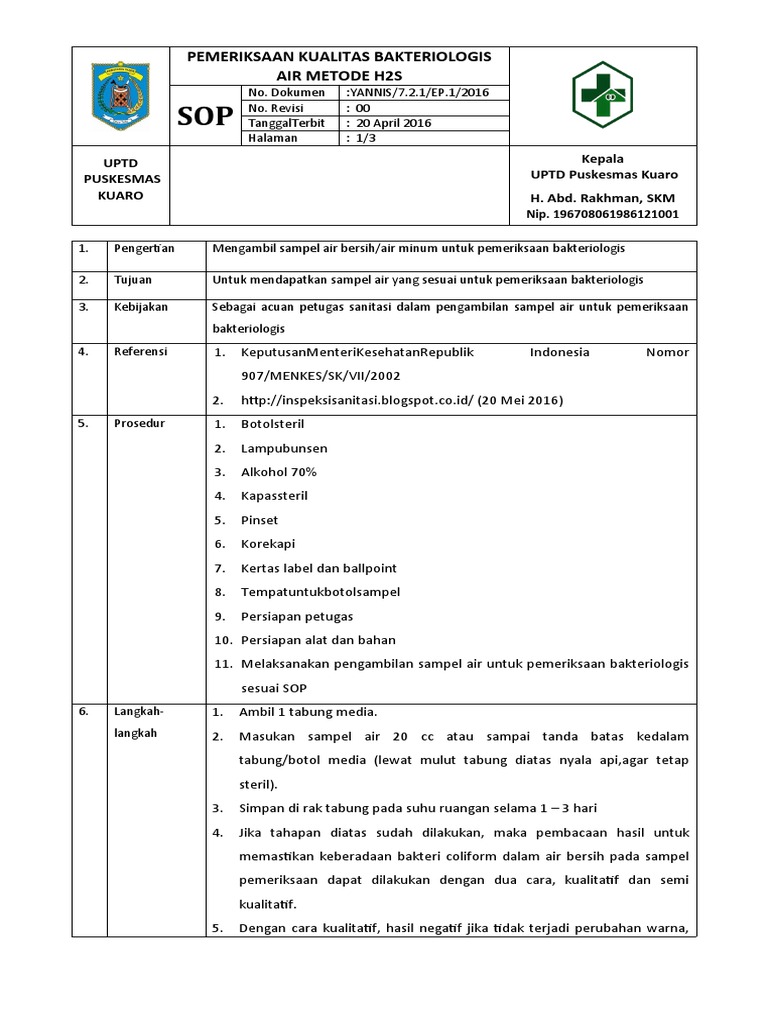SOP Pemeriksaan Kualitas Bakteriologis Air Metode H2S Kuaro | PDF
