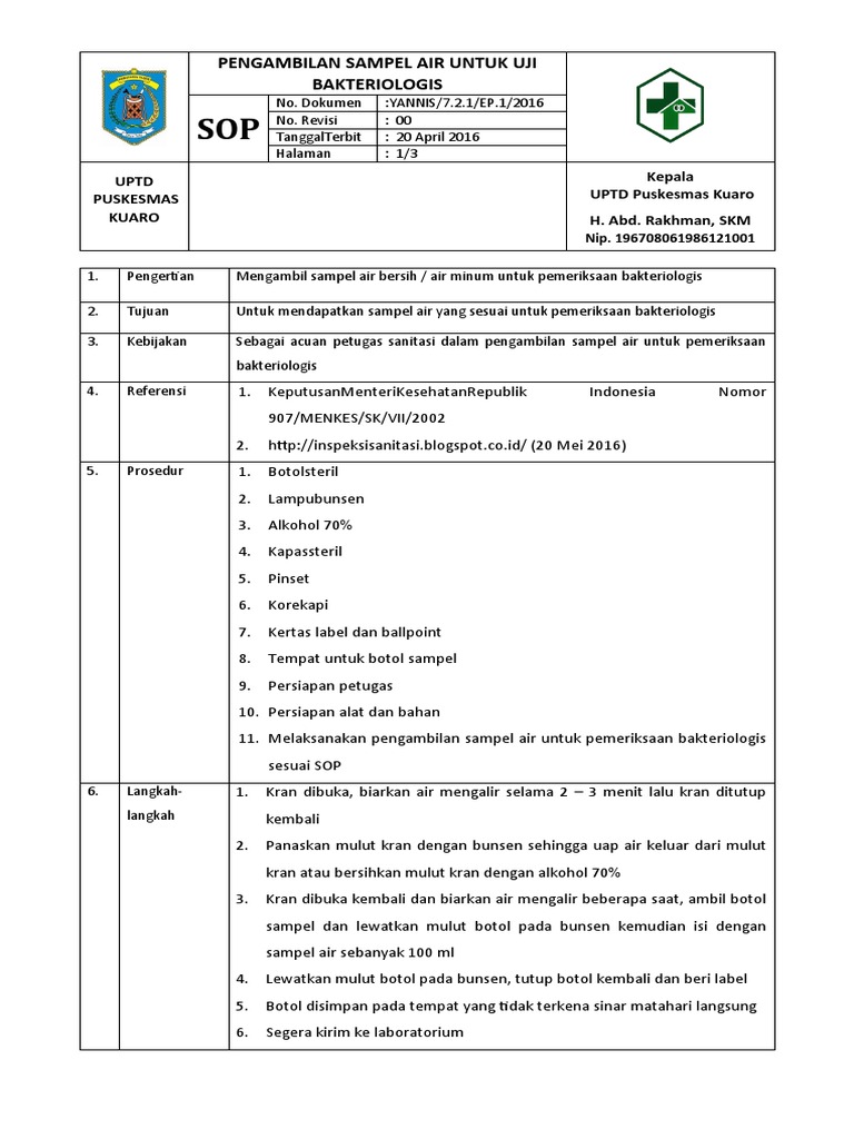 SOP Pengambilan Sampel Air Untuk Uji Bakteriologis Kuaro | PDF