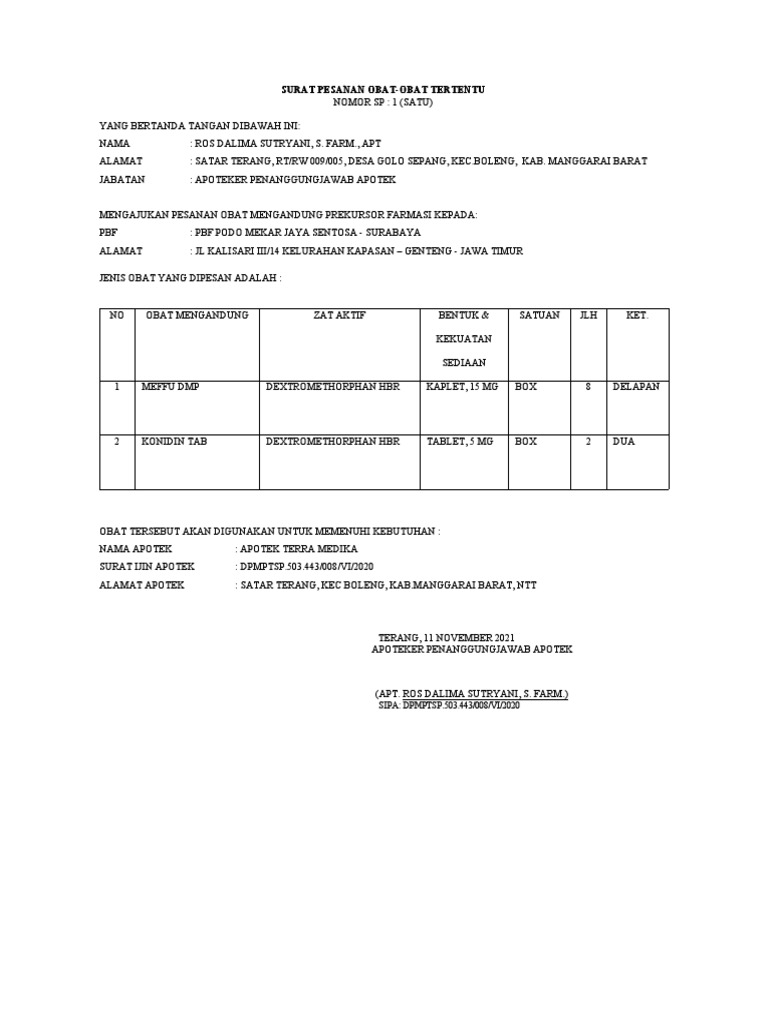 Surat Pesanan Obat-Obat Tertentu: SIPA: DPMPTSP.503.443/008/VI/2020 | PDF