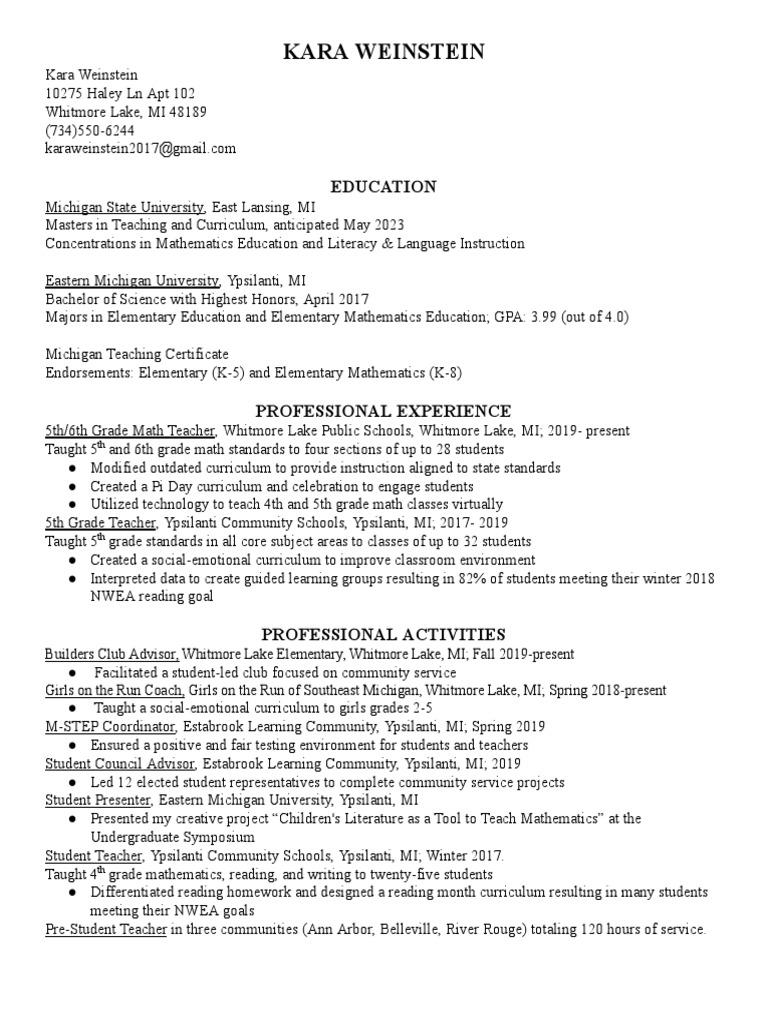 Professional Resume - Kara Weinstein | PDF | Curriculum | Teachers