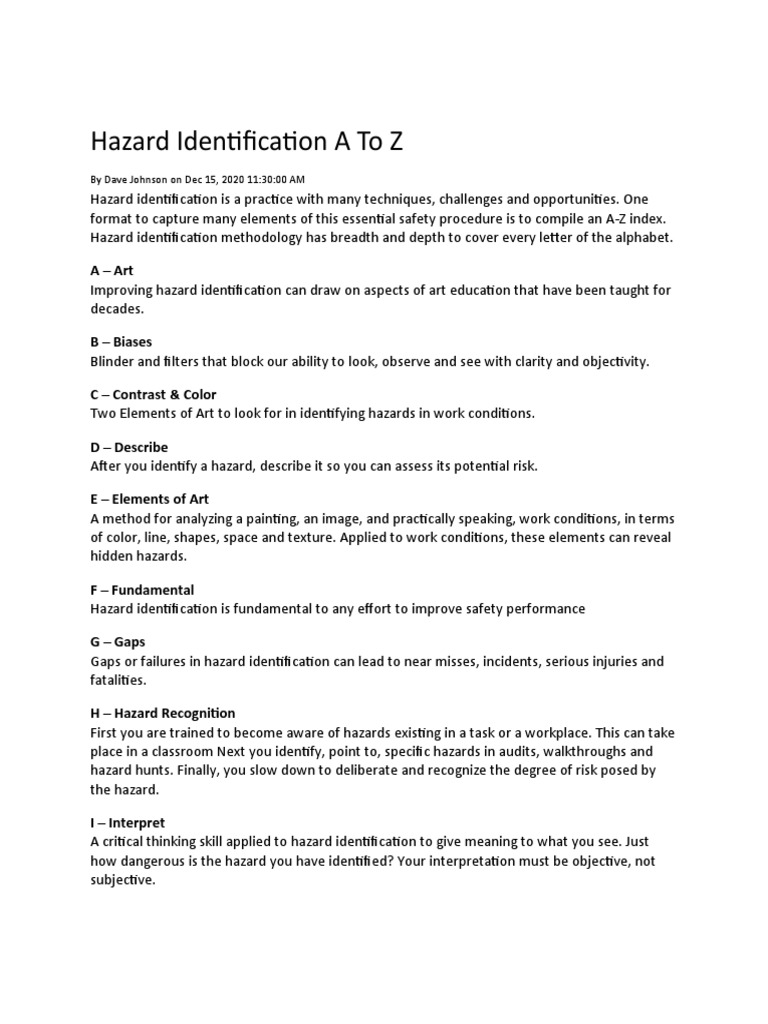 Hazard Identification A To Z | PDF | Hazards | Occupational Safety And ...