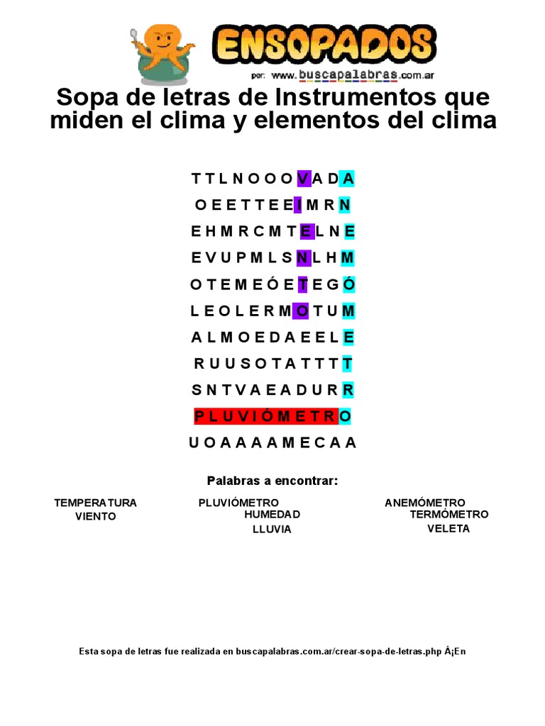 Sopa de Letras de Instrumentos Que Miden El Clima y Elementos Del Clima ...