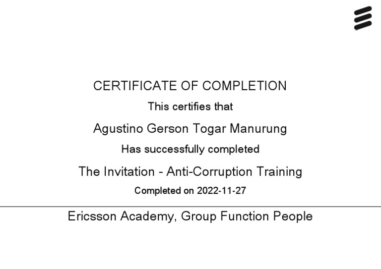 Certificate of Completion for Anti-Corruption Training Successfully Completed by Agustino Gerson ...