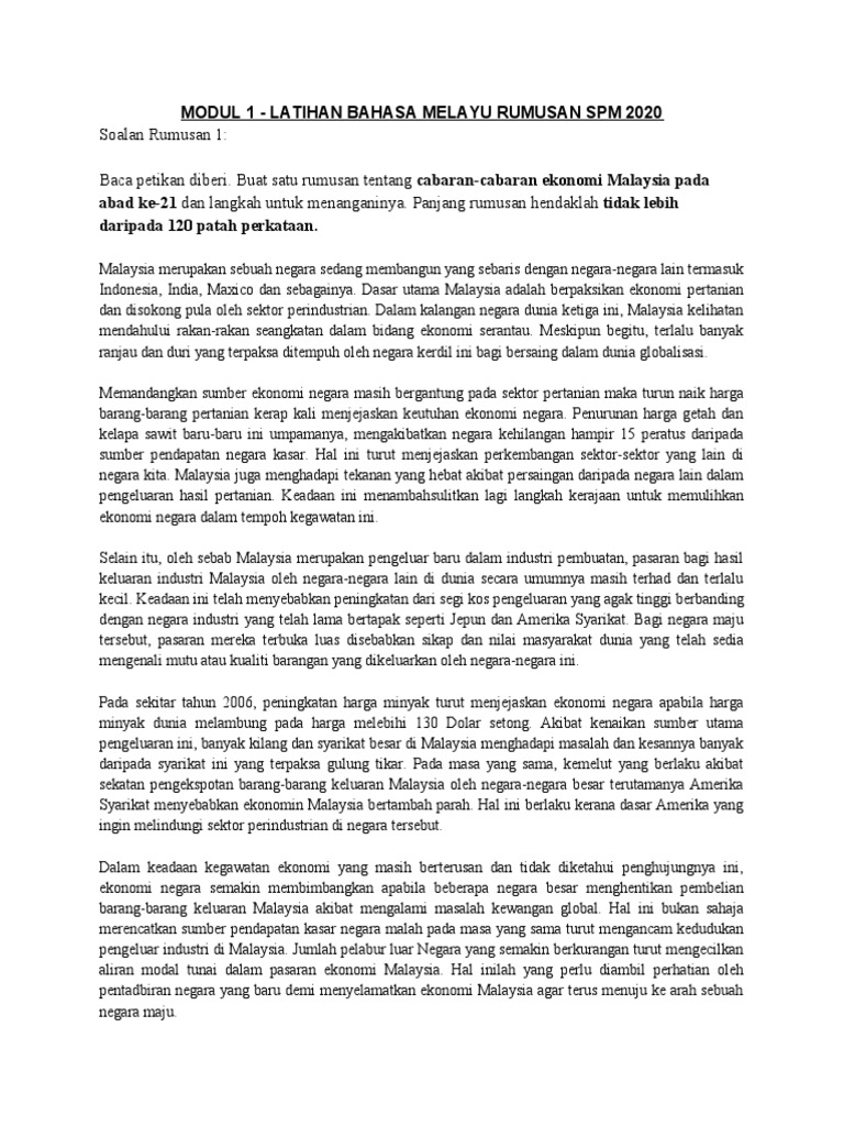 Modul 1 - Latihan Bahasa Melayu Rumusan SPM 2020 | PDF