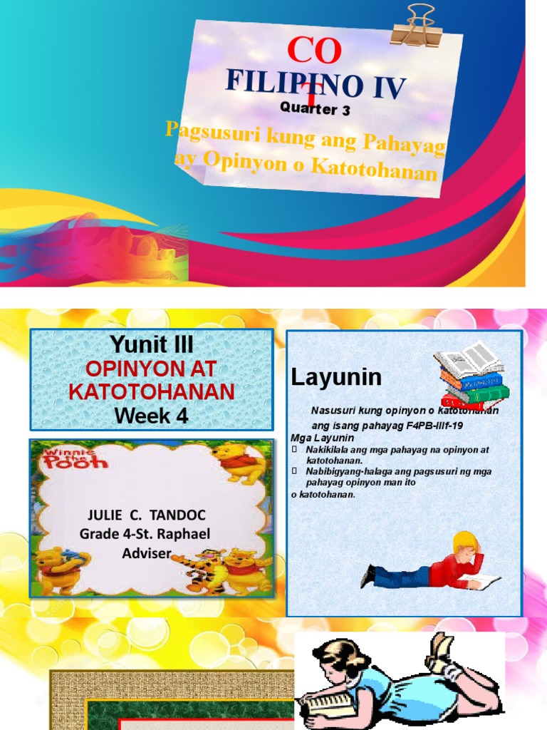 Ppt-Filipino4-Q3-Pagsusuri Kung Ang Pahayag Ay Opinyon o Katotohanan | PDF