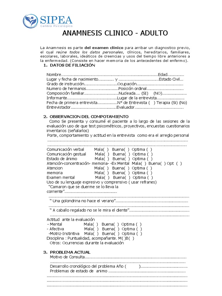 Anamnesis Clinico Adulto | PDF