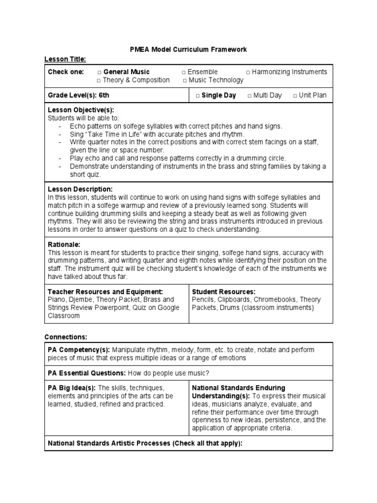Murdter Sample Lesson Plan Pmea Template 6th Grade General Music | PDF ...